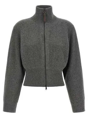 Brunello Cucinelli Ribbed Cardigan With Leather Detail - Gray