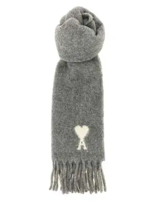 AMI Paris Adc Logo Scarf And Fringes - Gray