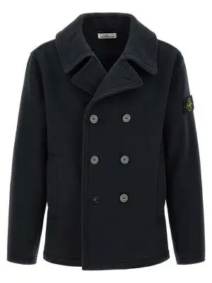 Stone Island Double-breasted Coat With Logo Badge - Blue