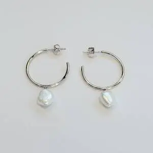 CIER Baroque Pearl Hoop Earrings - Silver