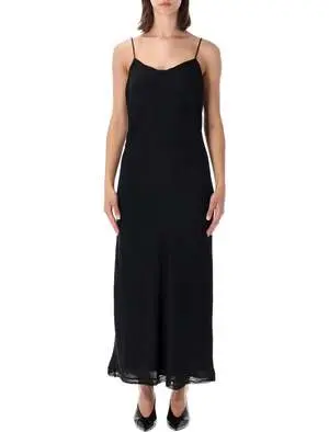 TOTEME Minimal Silk Slip Dress With Tulle Trim, Straight Neckline & Long Fluid Silhouette - Nero