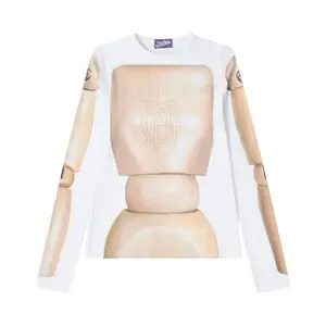 JEAN PAUL GAULTIER Jersey Lycra Long Sleeves Crew Neck Printed "wooden Body" 'beige/white - Tan