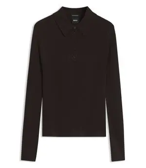 BOSS Fitted Polo Sweater In Pure Virgin Wool - Brown