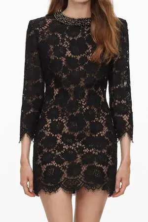 SELF-PORTRAIT Black Lace Long Sleeve Mini Dress - Multicolor