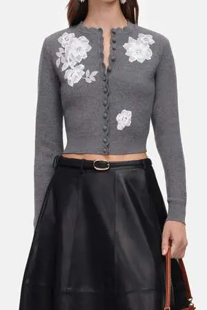 SELF-PORTRAIT Grey Lace Flower Knit Cardigan - Multicolor
