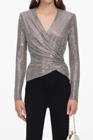 SELF-PORTRAIT Rhinestone Mesh Wrap Top - Multicolor