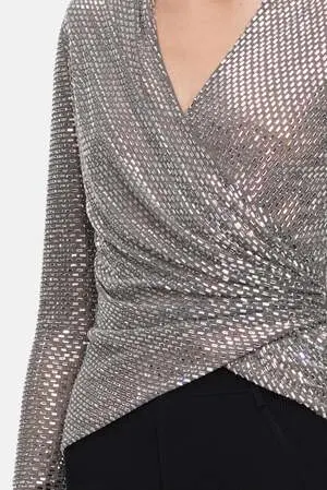 SELF-PORTRAIT Rhinestone Mesh Wrap Top