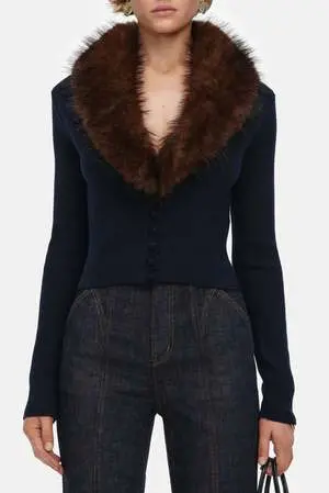 SELF-PORTRAIT Navy Faux Fur Knit Cardigan - Multicolor