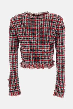 SELF-PORTRAIT Red Check Frayed Knit Jacket