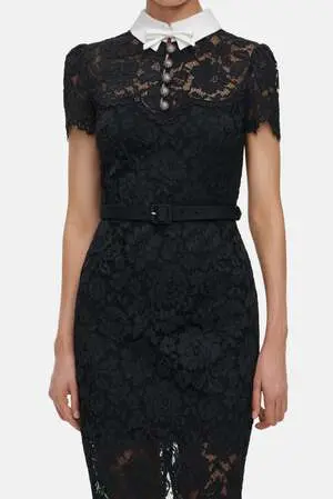 SELF-PORTRAIT Black Lace Contrast Collar Midi Dress - Multicolor