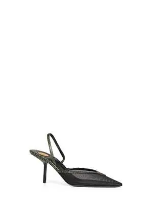 Saint Laurent Black And Green Mesh And Python Slingback Pumps