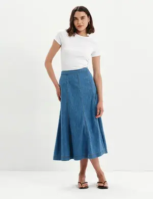 FINERY LONDON Dana Denim Midi Skirt - Mid Blue