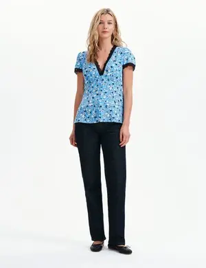 FINERY LONDON Lacie V-neck Short Sleeve Top - Blue Ditsy