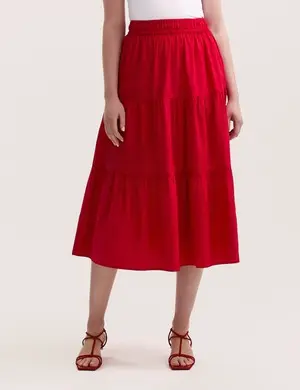 FINERY LONDON Harleen Cotton Midi Tiered Skirt - Red