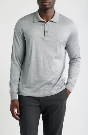 Canali Silk & Cotton Long Sleeve Polo - Light Grey