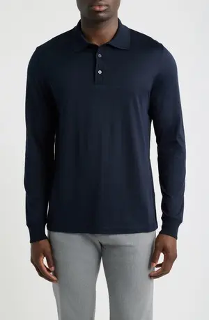 Canali Silk & Cotton Long Sleeve Polo Navy