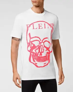 Philipp Plein Jersey T-shirt Round Neck Ss Skull And Plein - White+fuchsia