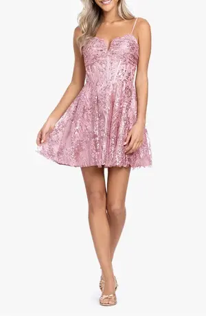 BLONDIE NITES Sequin Lace Back Sleeveless Minidress Rose