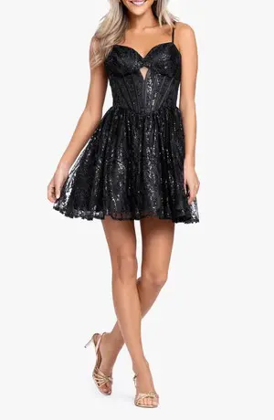BLONDIE NITES Sequin Embellished Satin Binding Fit & Flare Cocktail Minidress - Black