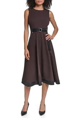Karl Lagerfeld Paris Belted Sleeveless Scuba Crepe Midi Dress - Espresso/black