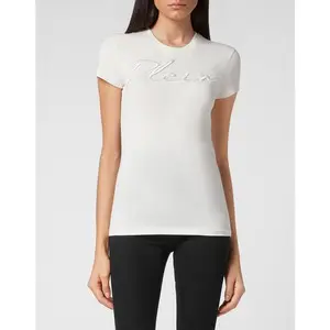 Philipp Plein Satin T-shirt Round Neck Ss Embroidery Signature - Cream