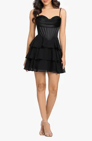 BLONDIE NITES Corset Bodice Tiered Cocktail Minidress - Black