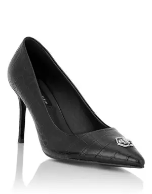 Philipp Plein Leather Decollete Pump H85 Cocco Print Hexagon - Black