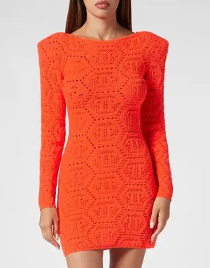 Philipp Plein Fluo Knit Mini Dress Monogram - Orangefluo