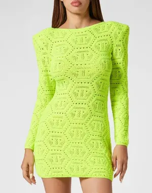 Philipp Plein Fluo Knit Mini Dress Monogram - Yellowfluo