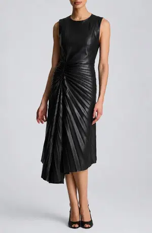 KENNETH COLE COLLECTION Sunburst Pleat Faux Leather Sleeveless Dress - Black