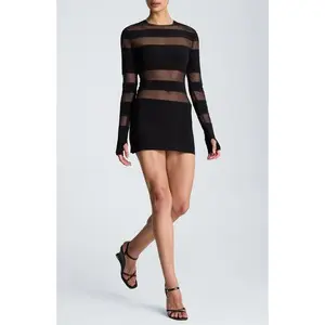 KENNETH COLE COLLECTION Long Sleeve Sheer Stripe Minidress - Black