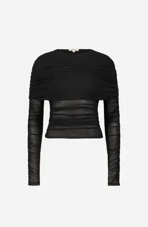 SAEMDI Moe Long Sleeve Mesh Cape Top - Black