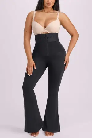 SHAPELLX High Waist Tummy Control Front Zip Butt Lift Sculpting Flare Leggings - Black