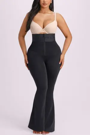 SHAPELLX High Waist Tummy Control Front Zip Butt Lift Sculpting Flare Leggings - Black