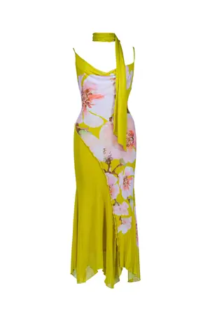 SAEMDI Elaria Floral Printed Mesh Dress - Chartreuse