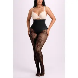 SHAPELLX High Waist Floral Lace Tummy Smoothing Sheer Shaping Tights Black