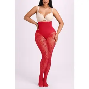 SHAPELLX High Waist Floral Lace Tummy Smoothing Sheer Shaping Tights - Red