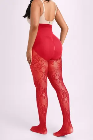 SHAPELLX High Waist Floral Lace Tummy Smoothing Sheer Shaping Tights - Red