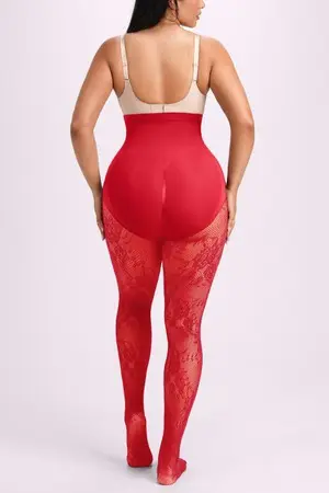 SHAPELLX High Waist Floral Lace Tummy Smoothing Sheer Shaping Tights - Red