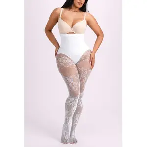 SHAPELLX High Waist Floral Lace Tummy Smoothing Sheer Shaping Tights White