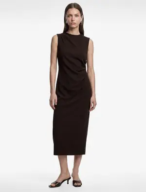 Koton Draped Crew Neck Sleeveless Midi Dress - Brown