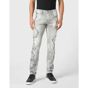 Philipp Plein Denim Super Straight Cut Trousers Strass Chains - Concretegrey