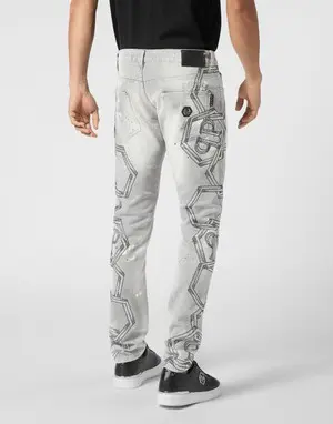 Philipp Plein Denim Super Straight Cut Trousers Strass Chains