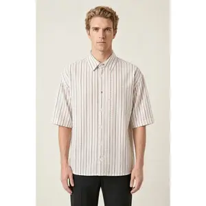 MODENAIRE Striped Embroidered Short Sleeve Button Up Shirt