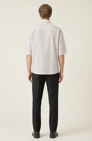 MODENAIRE Striped Embroidered Short Sleeve Button Up Shirt