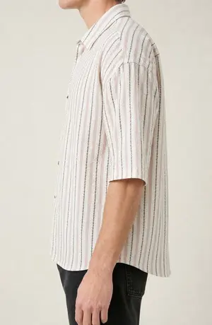 MODENAIRE Striped Embroidered Short Sleeve Button Up Shirt
