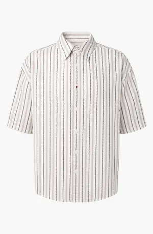MODENAIRE Striped Embroidered Short Sleeve Button Up Shirt