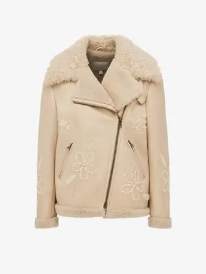 MINE BILGI Sonor Embroidered Merino Curly Shearling Biker Jacket - Chalk
