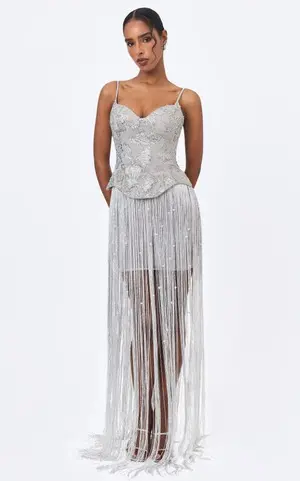 MISS CIRCLE NEW YORK Olisa Beaded Peplum Tassel Maxi Dress
