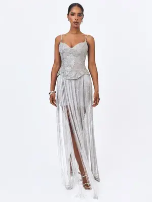 MISS CIRCLE NEW YORK Olisa Beaded Peplum Tassel Maxi Dress